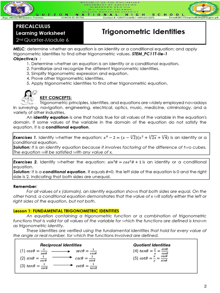 Learning Worksheet - Q2 - Module 6 | PDF | Equations | Trigonometric Functions