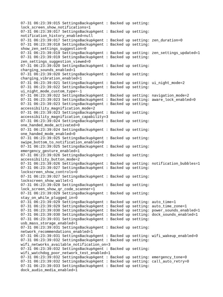 Android Settings Backup Log | PDF