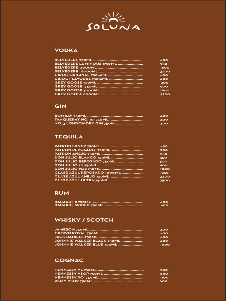 Soluna Menus Belvedere Brown Final - Mar2 | PDF | Drink | Distillation