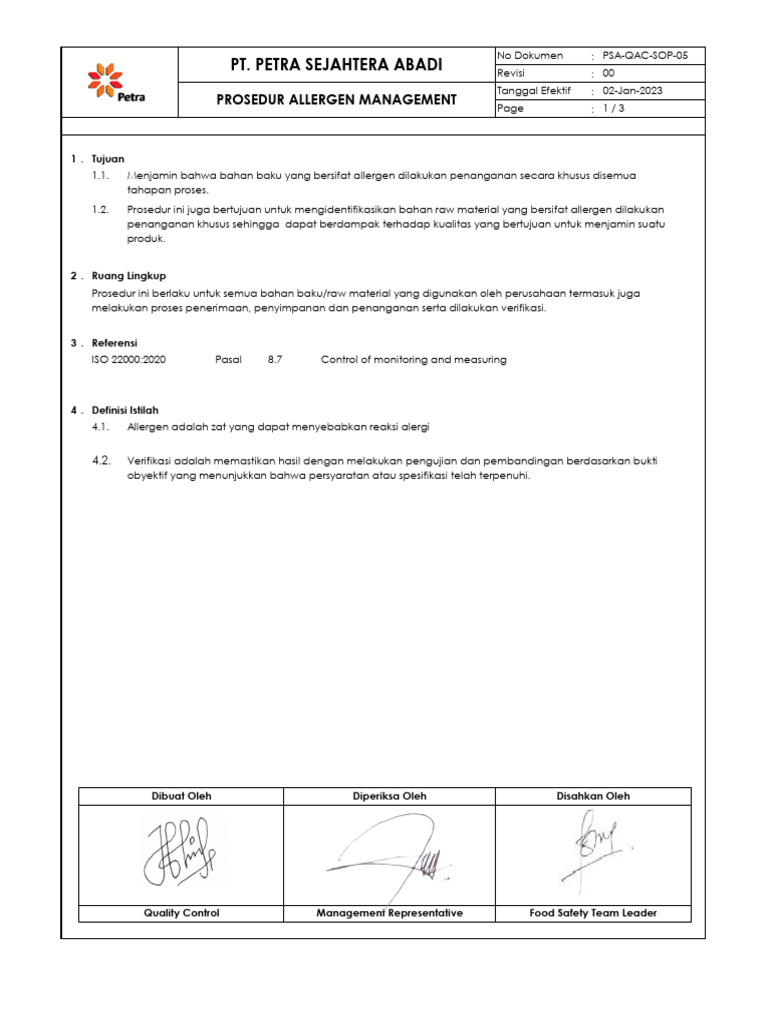 PSA-QAC-SOP-05 Prosedur Allergen Management (Rev. 00) | PDF | Teknologi & Rekayasa