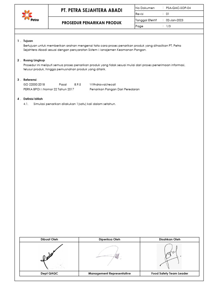 PSA-QAC-SOP-04 Penarikan Produk (Rev. 01) | PDF