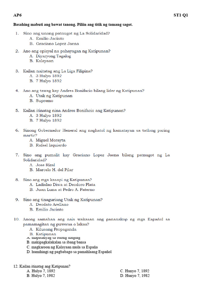 AP 6 Quarter 1 Summative Test 1 | PDF