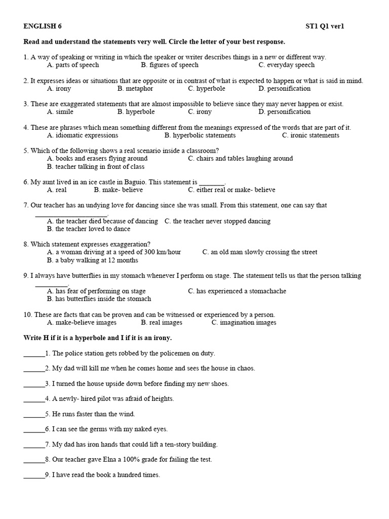 Grade 6 English Quarter 1 Test Guide | PDF | Irony
