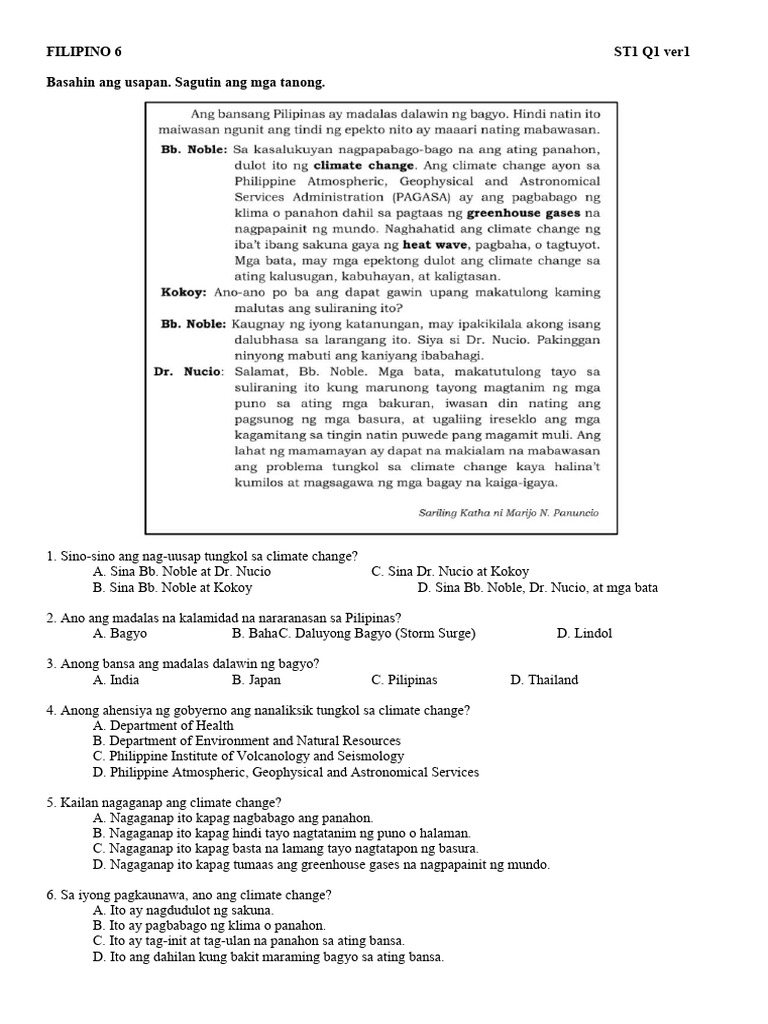 Filipino 6 Quarter 1 Summative Test 1 | PDF