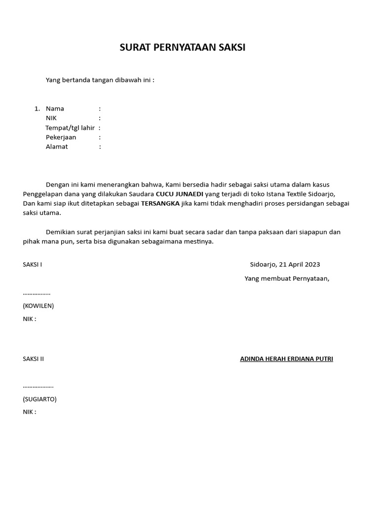 Surat Perjanjian Saksi | PDF