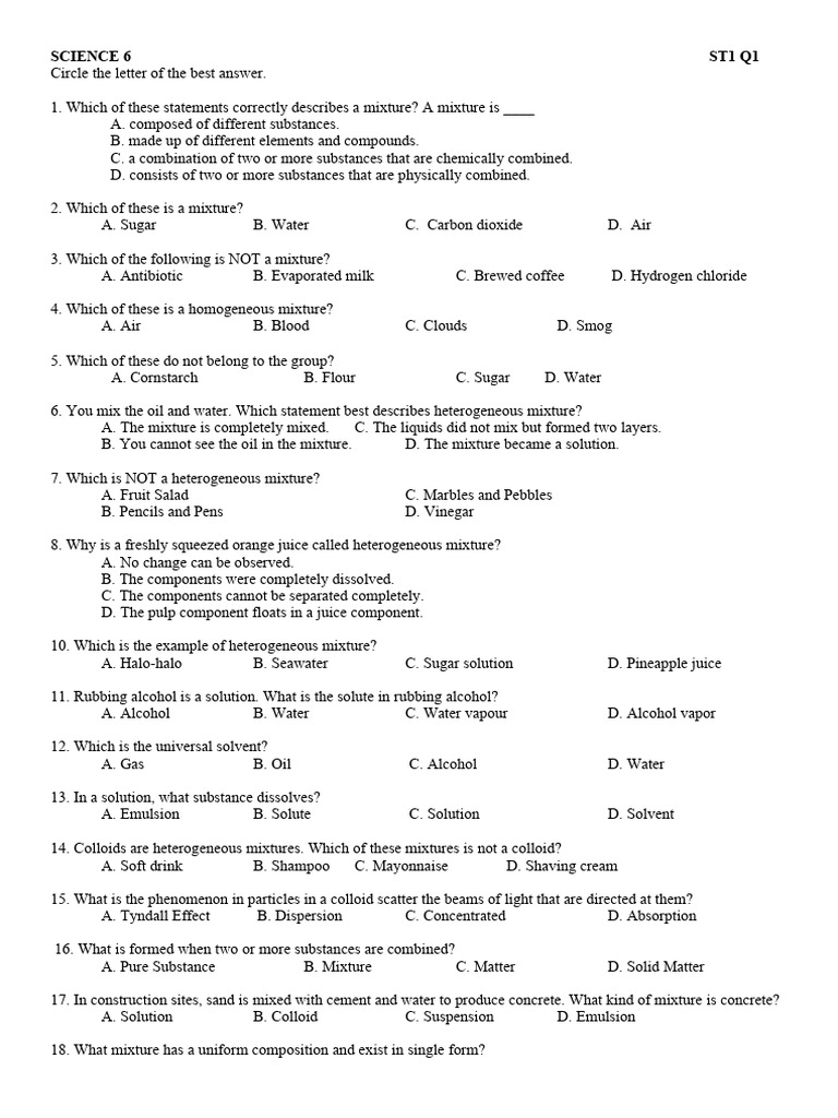 Science 6 Quarter 1 Summative Test 1 | PDF | Mixture | Solubility