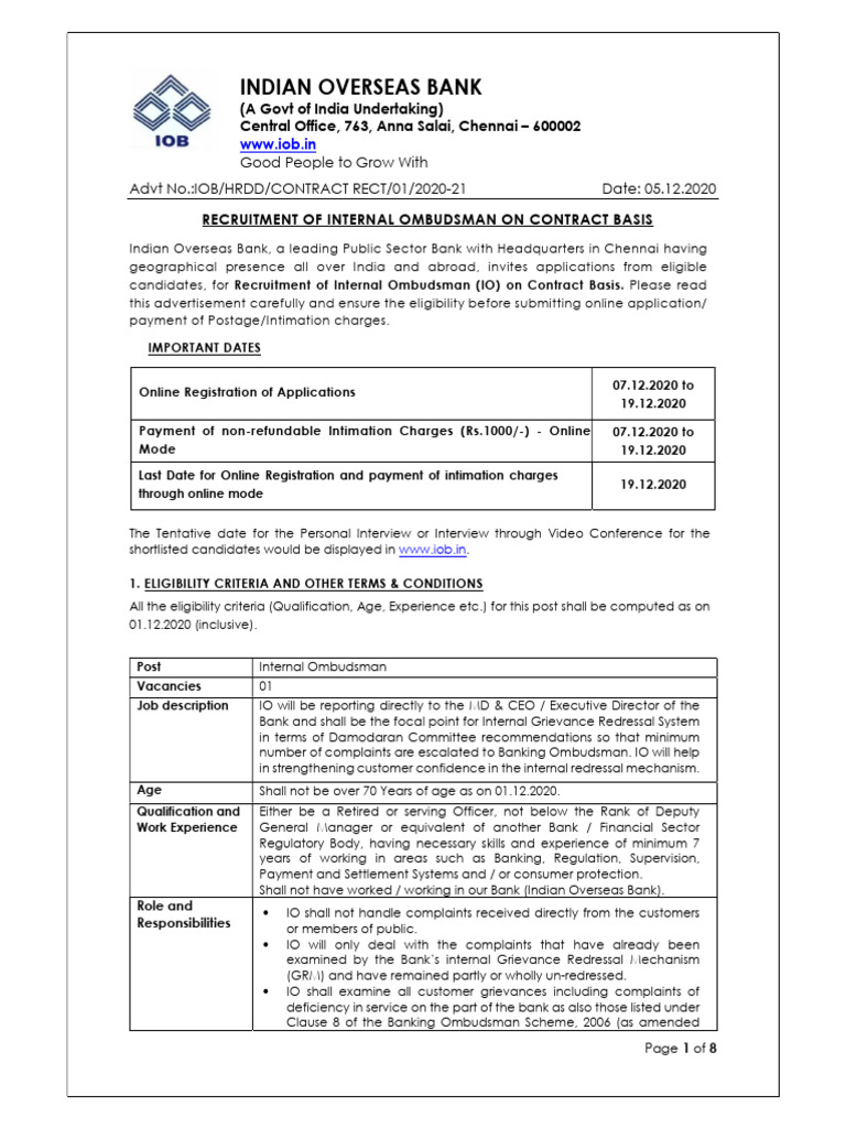 01 Internal Ombudsman Post Advt Details IOB | PDF | Image Scanner | Pixel