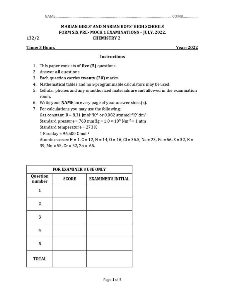 CHEMISTRY F6 Pre-Mock 1 July 2022 | PDF | Reaction Rate | Chemical Reactions