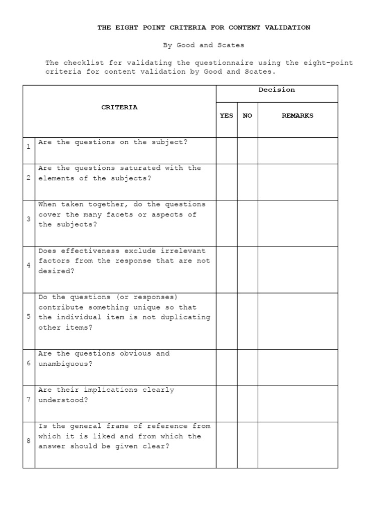 The Eight Point Criteria For Content Validation | PDF