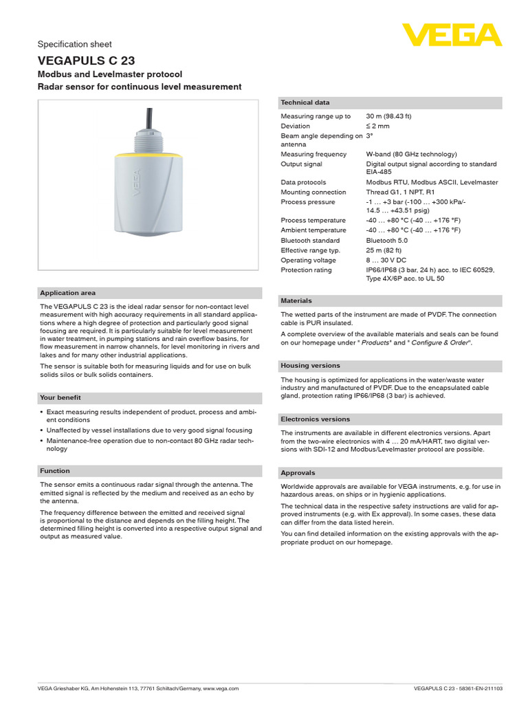 EN Specification Sheet VEGAPULS C 23 Modbus | PDF | Equipment ...