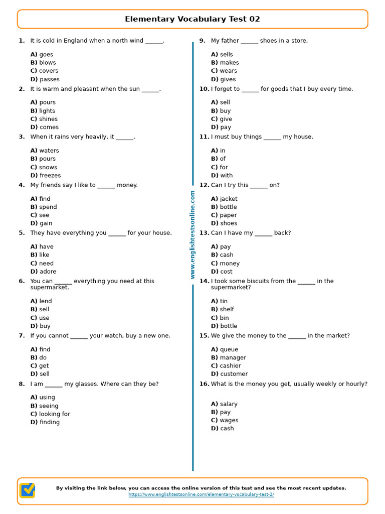 Elementary Vocabulary Test 02 Answers | PDF | Economies