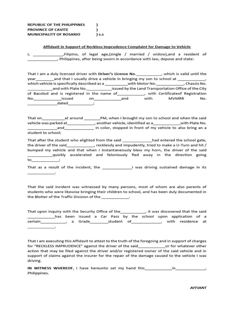 Affidavit in Support of Reckless Imprudence Complaint For Damage To ...
