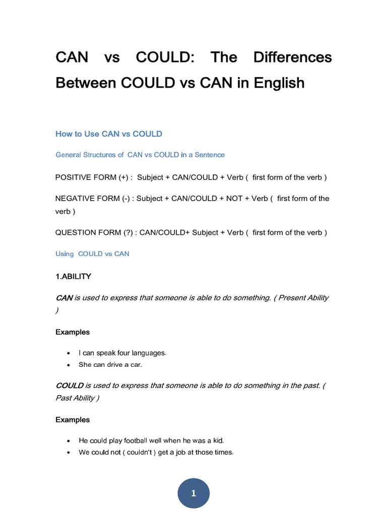 CAN Vs COULD | PDF | Verb | Subject (Grammar) CAN Vs COULD | PDF | Verb | Subject (Grammar)