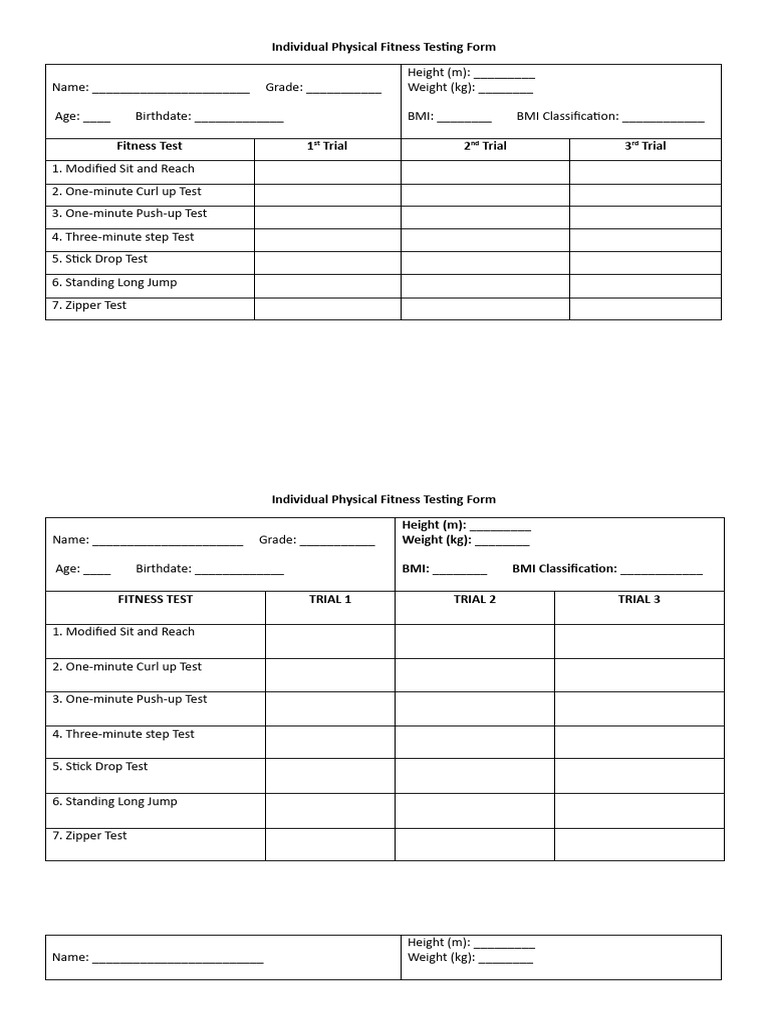 Individual Physical Fitness Testing Form | PDF