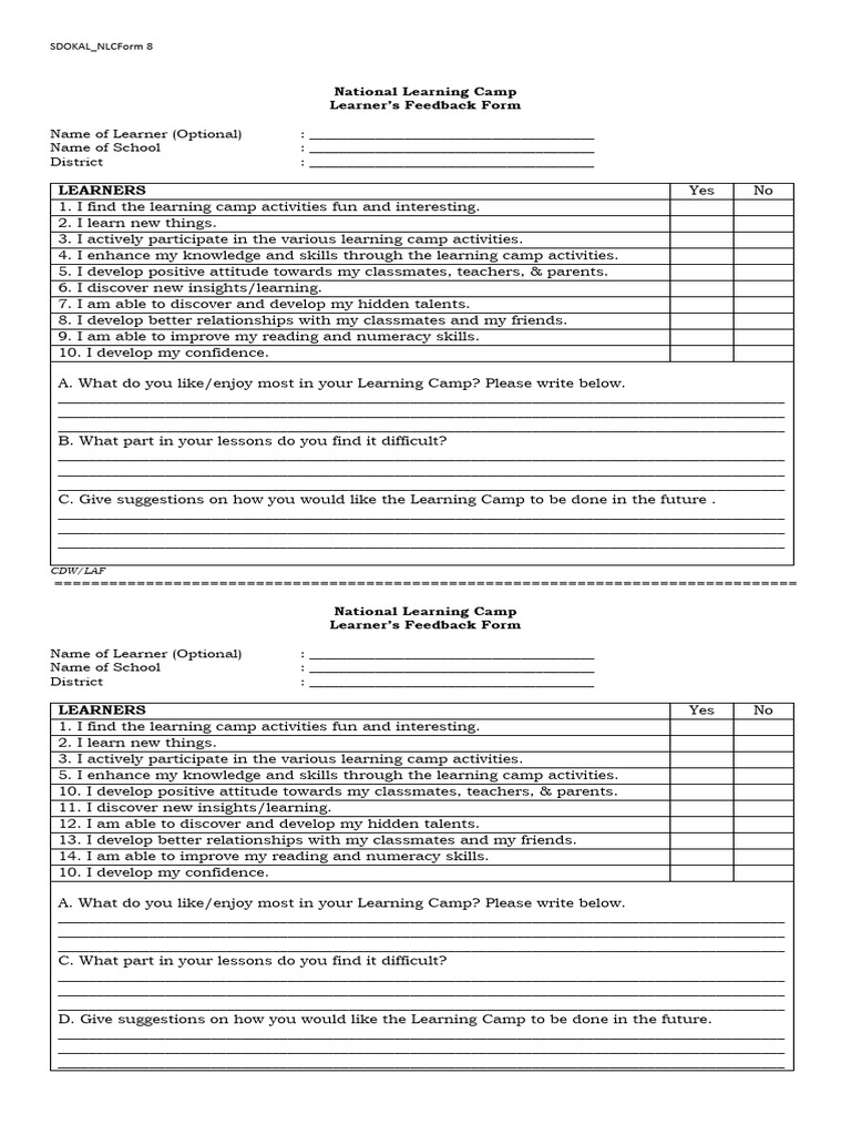 Learners Feedback Form | PDF | Learning | Teaching