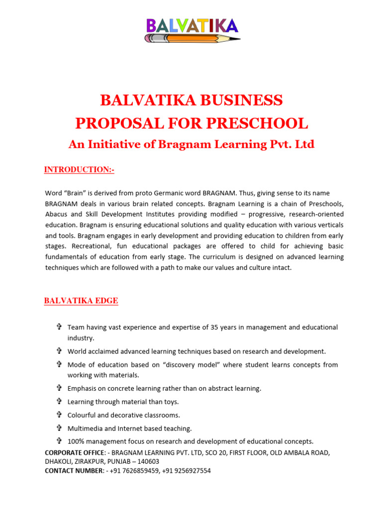 Balvatika Preschool Franchise Proposal | PDF | Child Care | Preschool