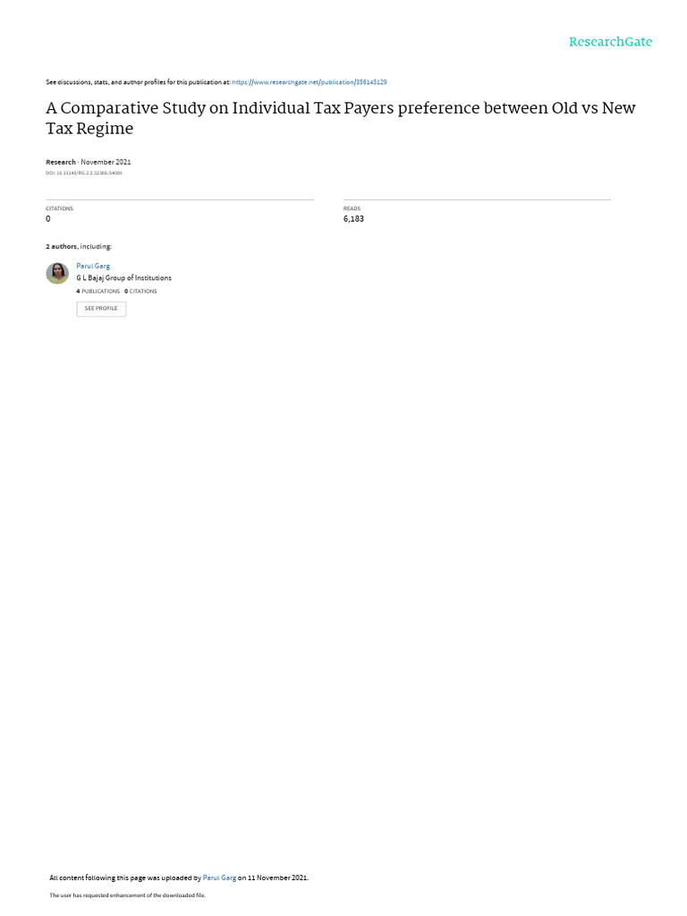 A Comparative Study On Individual Tax Payers Preference Between Old Vs New Tax Regime | PDF ...