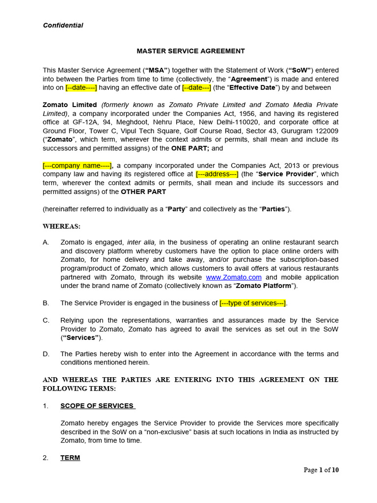 ZPL Service Provider MSA SoW | PDF | Indemnity | Invoice