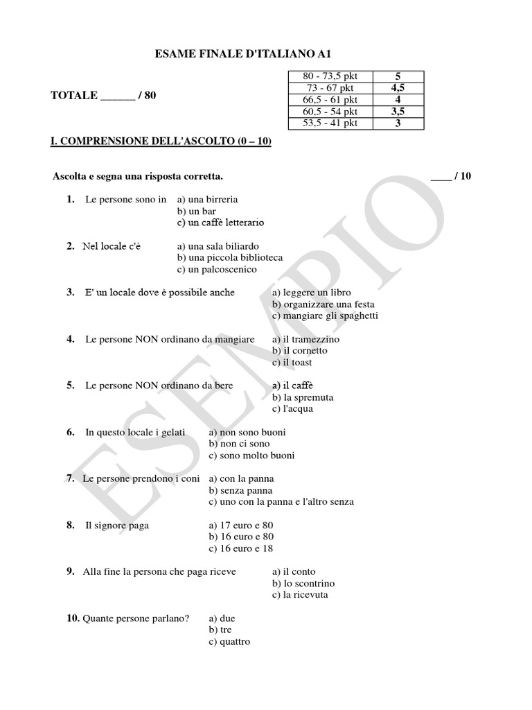 Esame Finale D'Italiano A1 | PDF