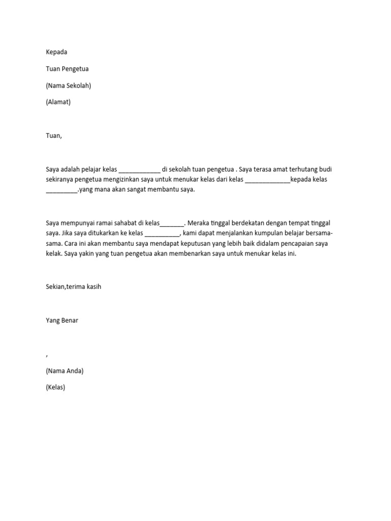 Contoh Surat Pertukaran Kelas Tingkatan 4 | PDF