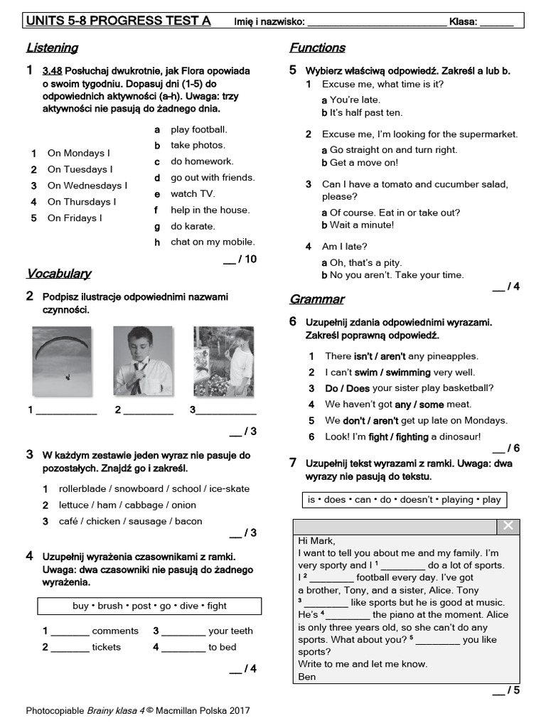 Brainy kl4 Progress Test 5-8 A | PDF