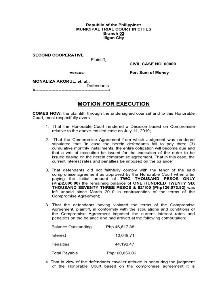 MOTION For Execution Arorul | PDF | Lawsuit | Separation Of Powers
