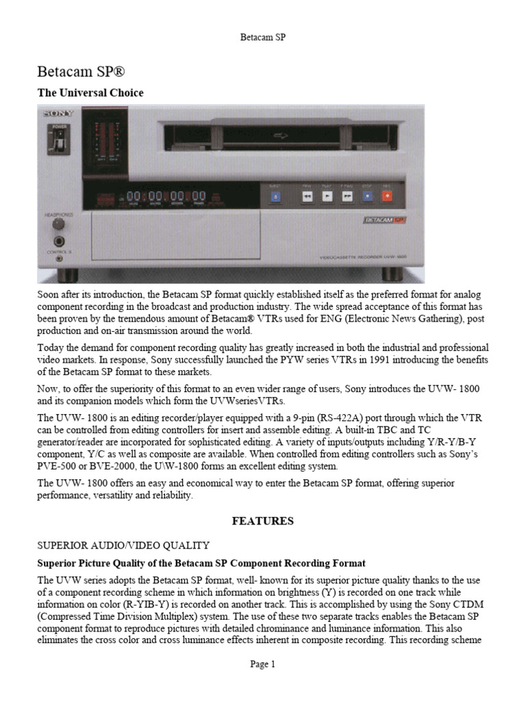 Betacam SP Uvw1800 | PDF | Video | Display Technology
