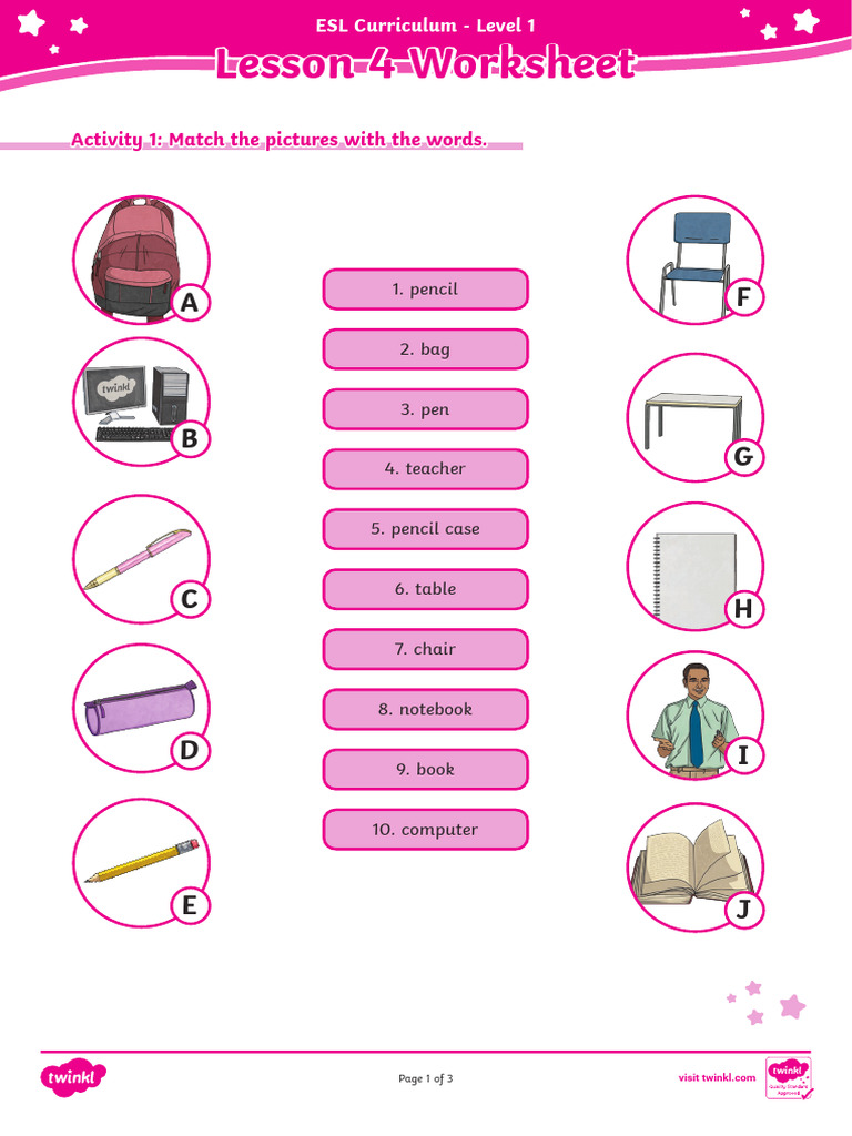 ESL Level 1 Lesson 4 Worksheet | PDF | Stationery | Writing Implements