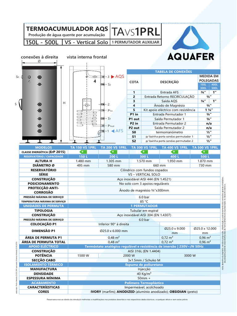 Ficha Técnica - Aquafer TA 150-500L VS 1PRL | PDF | Metais | Química