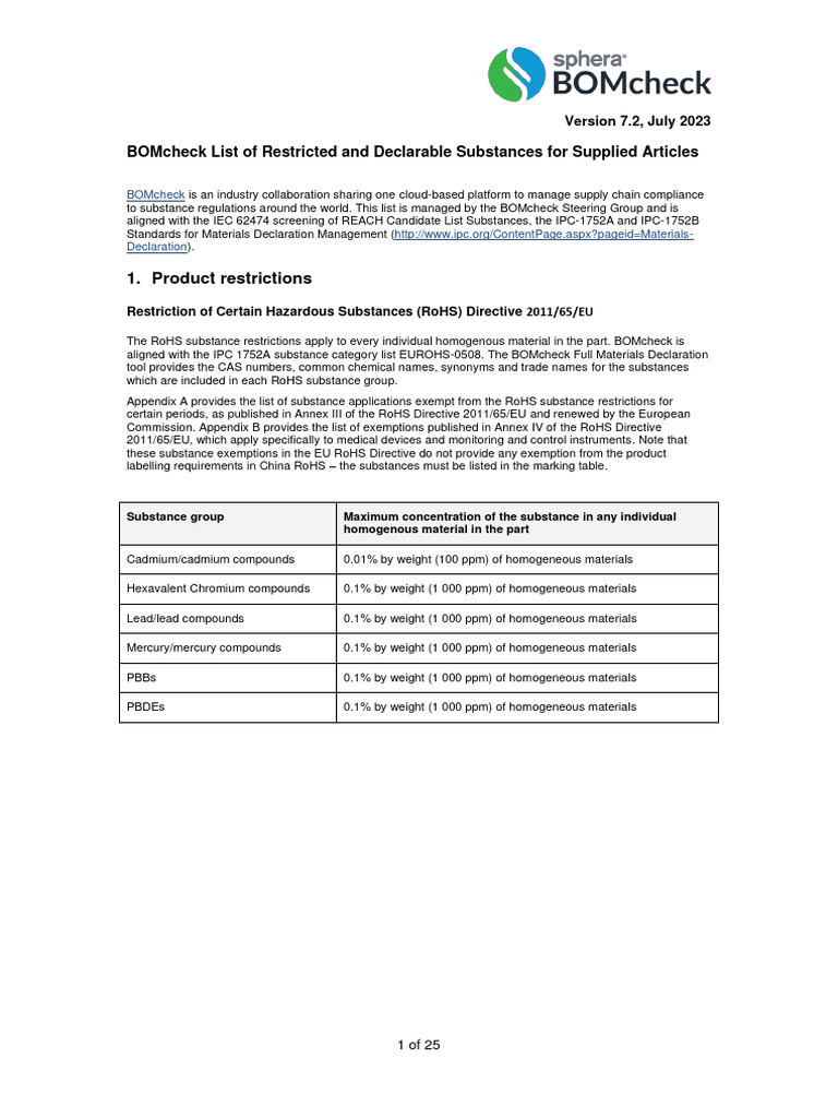 List of Restricted and Declarable Substances For Supplied Articles - July 2023 | PDF | Chemical ...