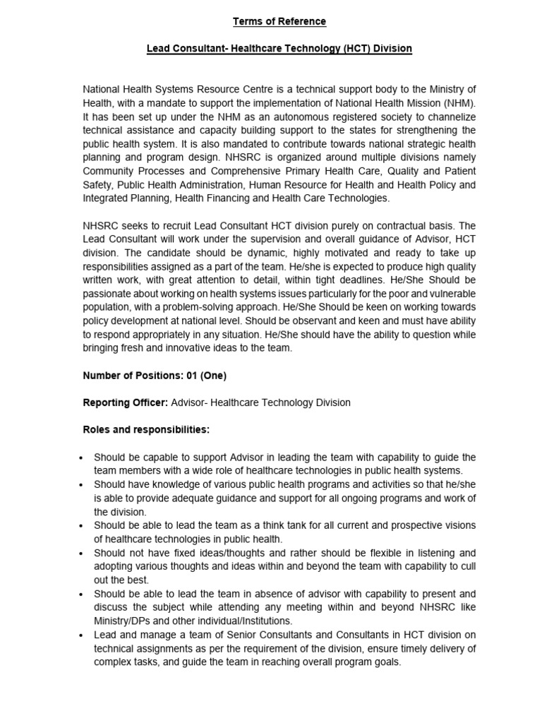 Terms of Reference - Lead Consultant - Healthcare Technology, NHSRC ...