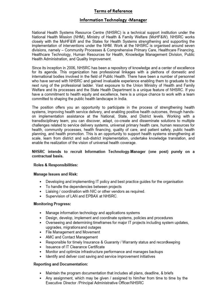 ToR - Information Technology Manager | PDF | Health Care | Health System