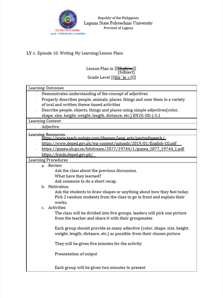 asdfad-my-learning-lesson-plans-english-grade-8 | PDF | Learning ...