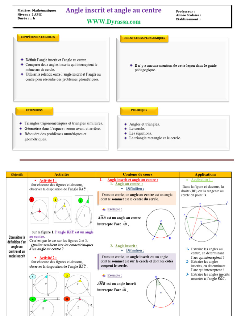 Angles inscrits et au centre : définitions et propriétés | PDF | Angle ...