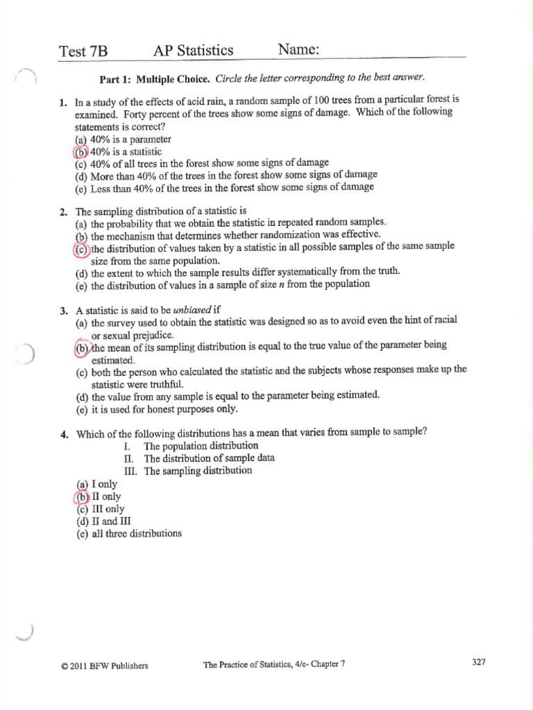 AP Statistics Chapter 7 Review Key | PDF
