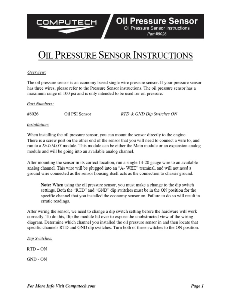 Oil Pressure Sensor Installation Guide | PDF | Calibration | Switch