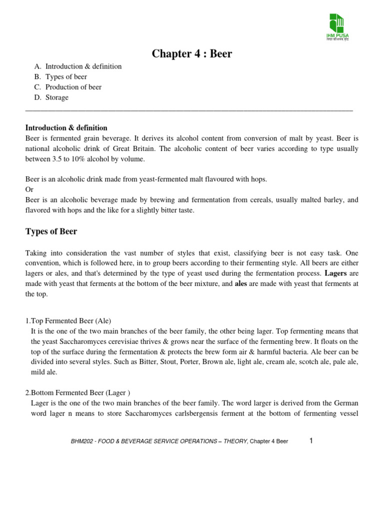 Food and Beverage Beer-Handout | PDF | Brewing | Beer