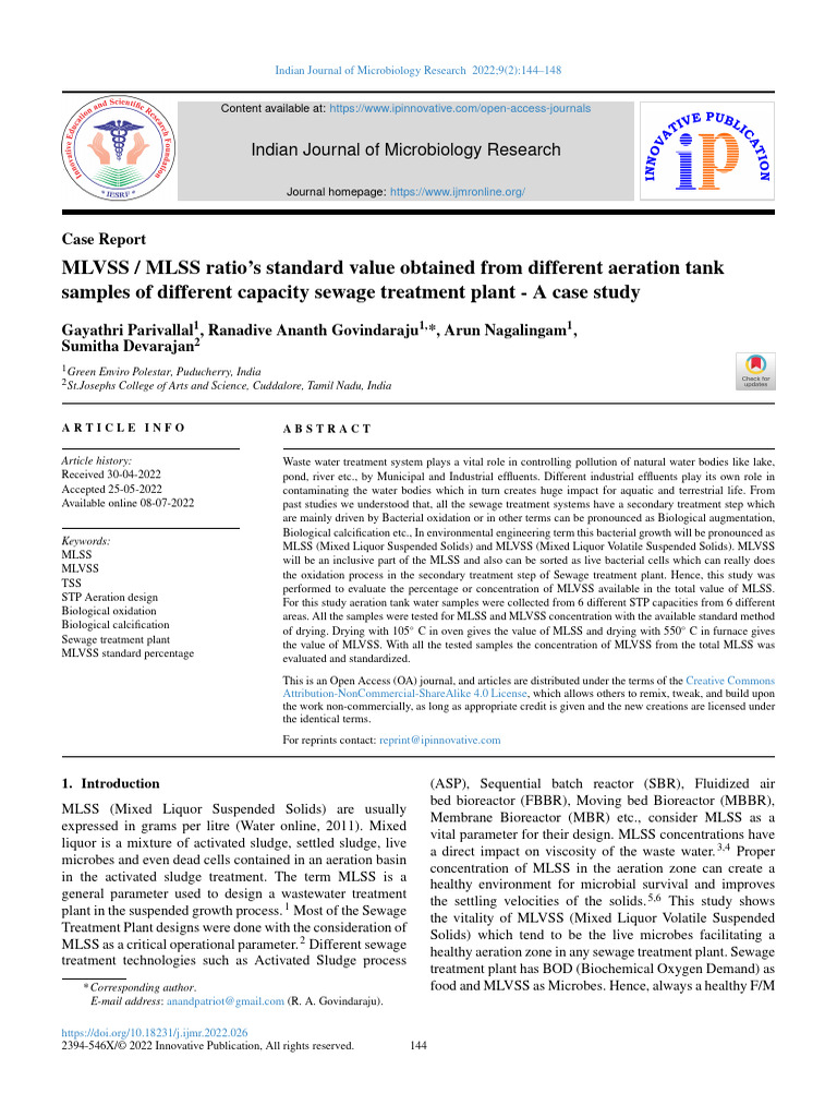 MLVSS / MLSS Ratio's Standard Value Obtained From Different Aeration ...