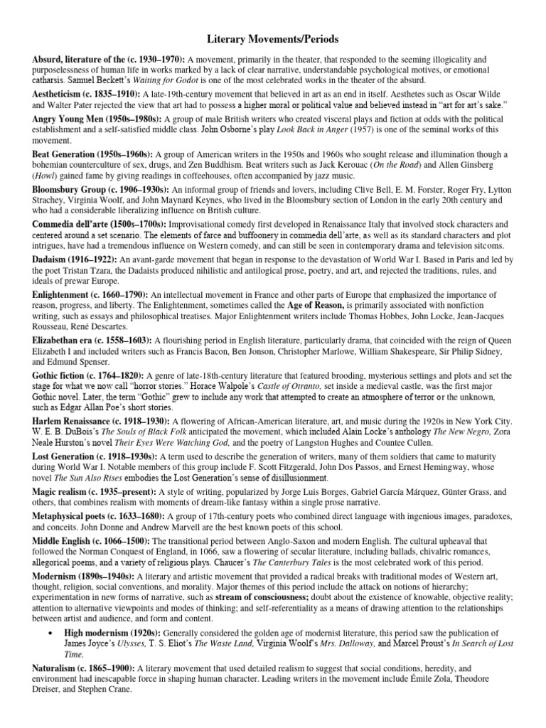 Lit Movements Reference Sheet | PDF | Bloomsbury Group | Romanticism