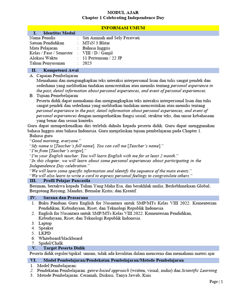 Modul Ajar Bahasa Inggris Kelas 8 Chapter 1 Buku English For Nusantara | PDF