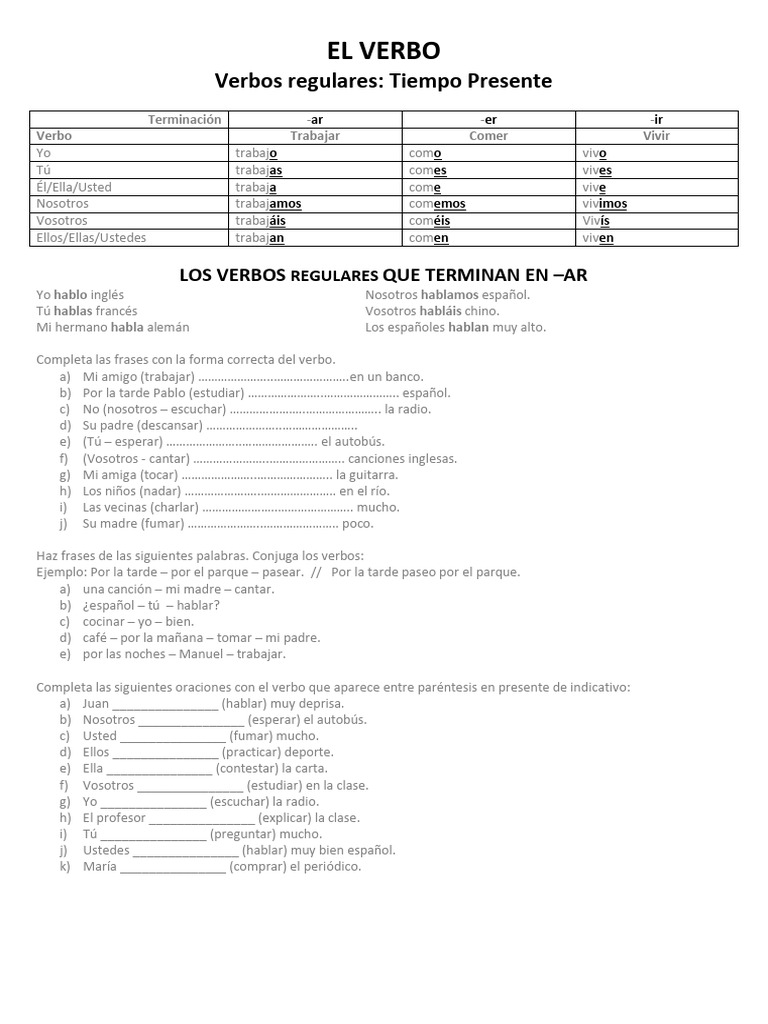 Tema 6A. El Verbo. Presente Simple Indicativo | PDF | Verbo
