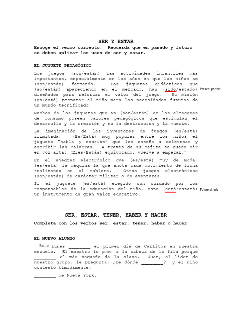 Tema 4e. Ejercicios Ser y Estar | PDF | Juguetes