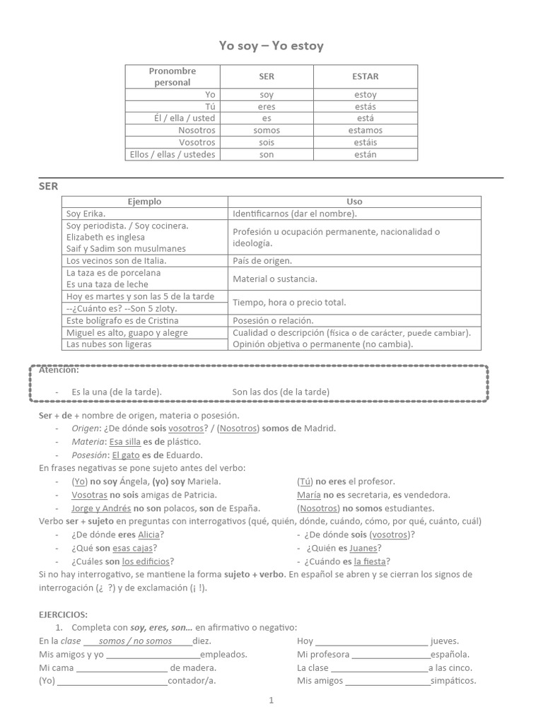 Ejercicios de verbos ser y estar | PDF