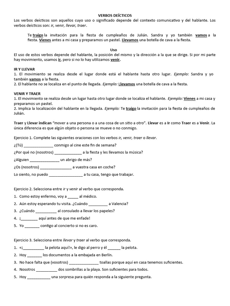 Tema 11. Verbos Deícticos. Ir, Venir, Traer, Llevar | PDF | Verbo