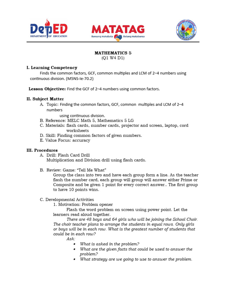 Mathematics 5 q1 w4 d1 For Qa | PDF | Mathematics | Flashcard