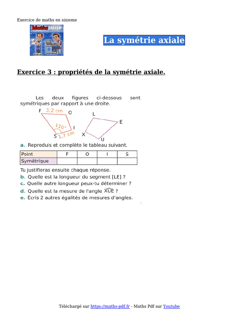 La Symetrie Axiale Exercice 3 Sixieme | PDF