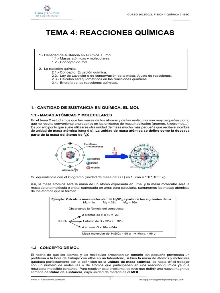 Tema 4 Reacciones Químicas Pdf Mole Unidad Estequiometría