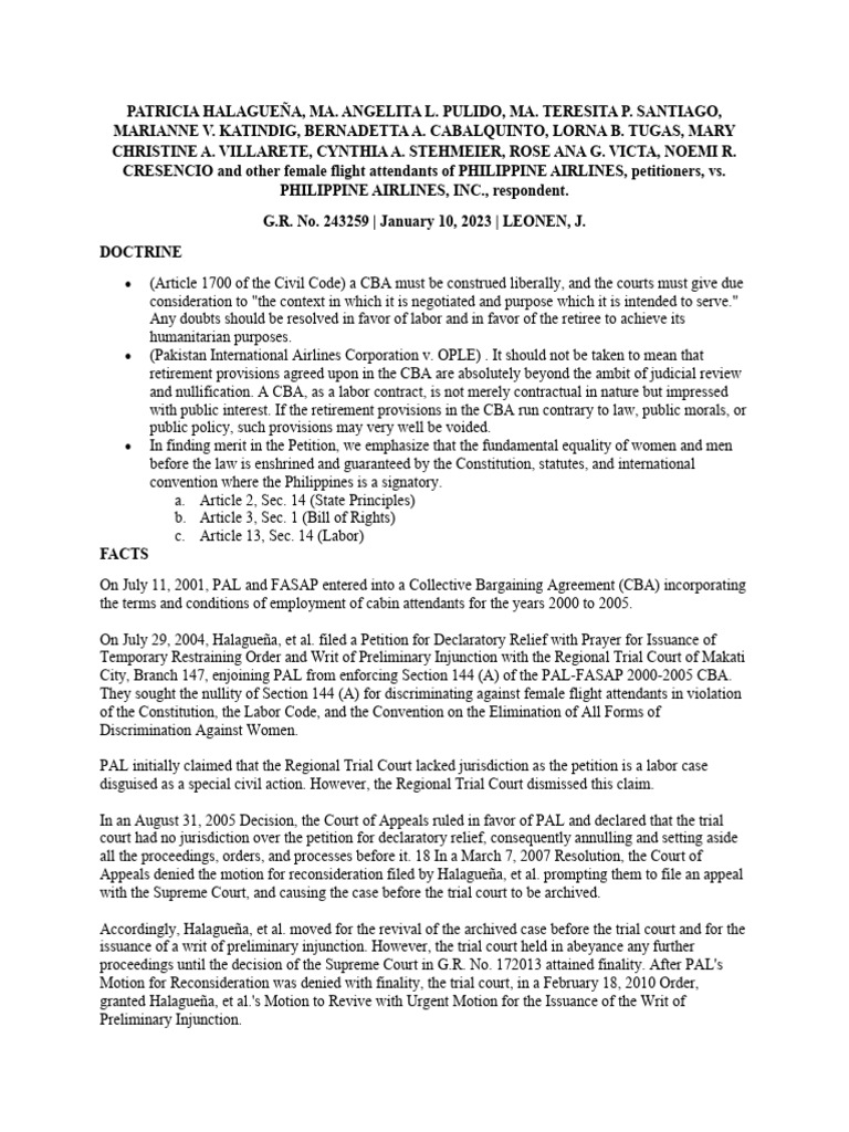 Halaguena-v-PAL Case Digest | PDF | Injunction | Collective Agreement