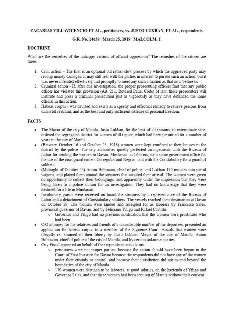 Villavicencio-v-Lukban Case Digest | PDF | Writ | Habeas Corpus