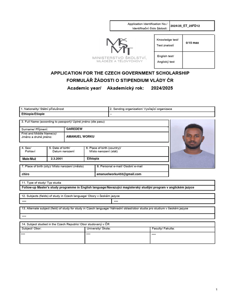 Application For The Czech Government Scholarship Formulář Žádosti O ...